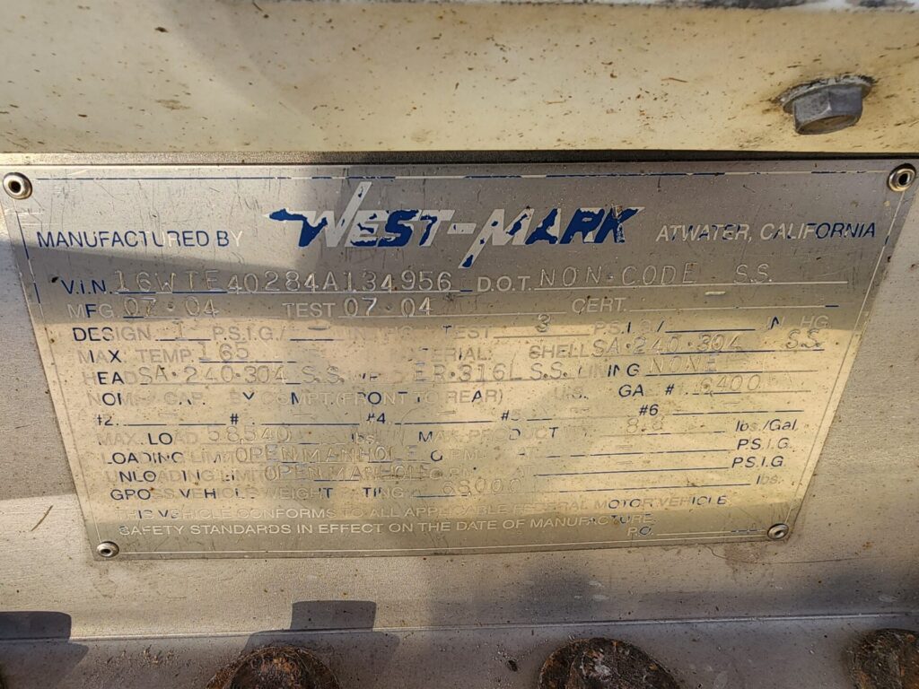 U-4706 2004 West-Mark 6400 Gallon Stainless Steel Semi Tanker - Phil's ...